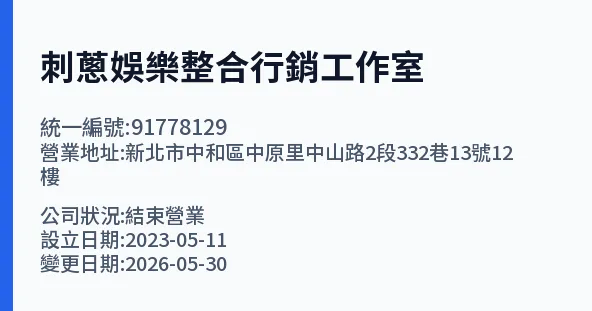 刺蔥娛樂整合行銷工作室的照片-統編 91778129(新北市) 公司登記資料與營業項目詳細圖表