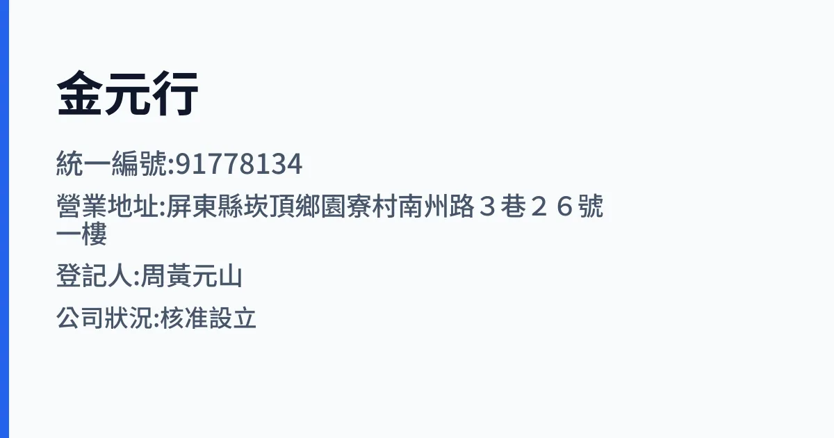 金元行 - 統編 91778134(屏東縣) 公司登記資料與營業項目詳細圖表