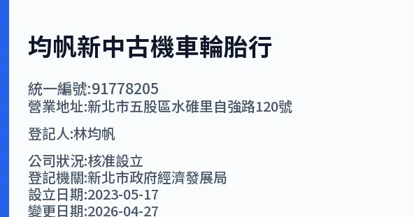 均帆新中古機車輪胎行的照片-統編 91778205(新北市) 公司登記資料與營業項目詳細圖表