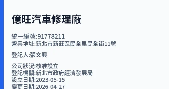 億旺汽車修理廠的照片-統編 91778211(新北市) 公司登記資料與營業項目詳細圖表