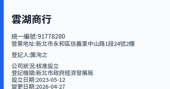 雲湖商行的照片-統編 91778280(新北市) 公司登記資料與營業項目詳細圖表