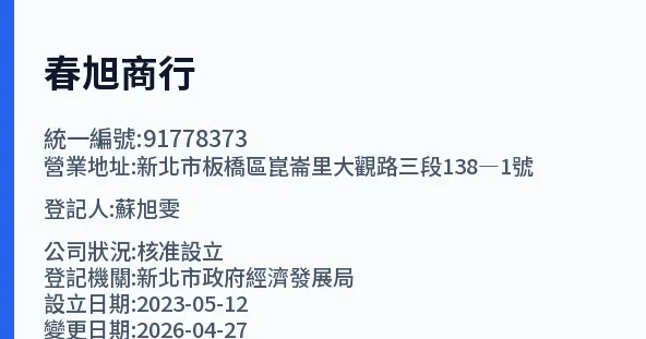 春旭商行的照片-統編 91778373(新北市) 公司登記資料與營業項目詳細圖表
