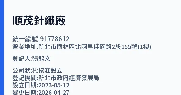 順茂針織廠的照片-統編 91778612(新北市) 公司登記資料與營業項目詳細圖表