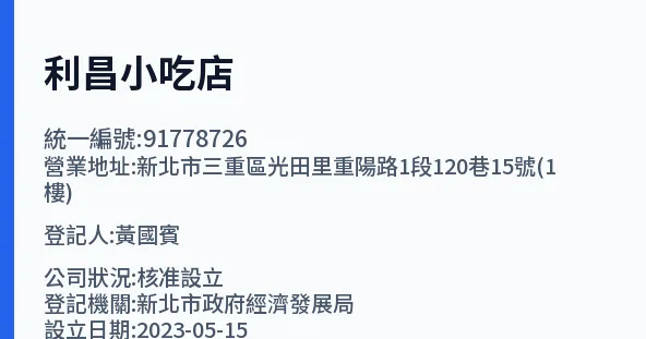 利昌小吃店的照片-統編 91778726(新北市) 公司登記資料與營業項目詳細圖表