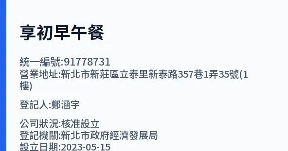享初早午餐的照片-統編 91778731(新北市) 公司登記資料與營業項目詳細圖表