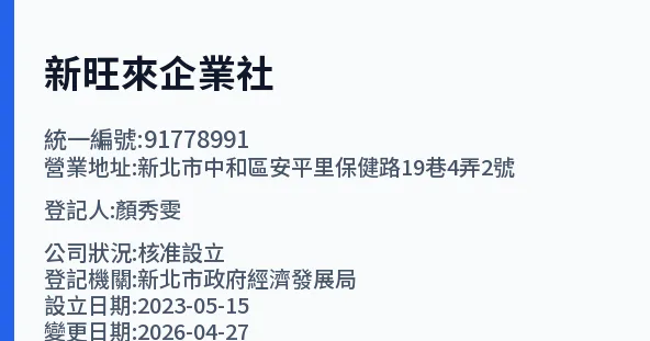 新旺來企業社的照片-統編 91778991(新北市) 公司登記資料與營業項目詳細圖表