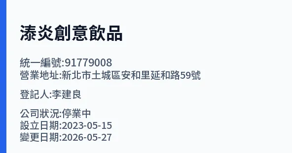 溙炎創意飲品的照片-統編 91779008(新北市) 公司登記資料與營業項目詳細圖表
