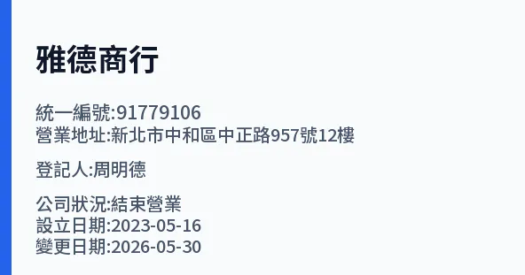 雅德商行的照片-統編 91779106(新北市) 公司登記資料與營業項目詳細圖表
