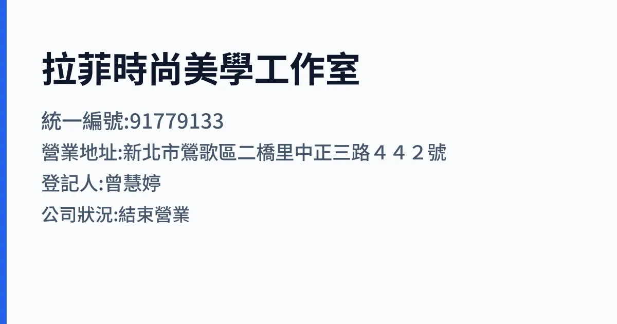 拉菲時尚美學工作室 - 統編 91779133(新北市) 公司登記資料與營業項目詳細圖表