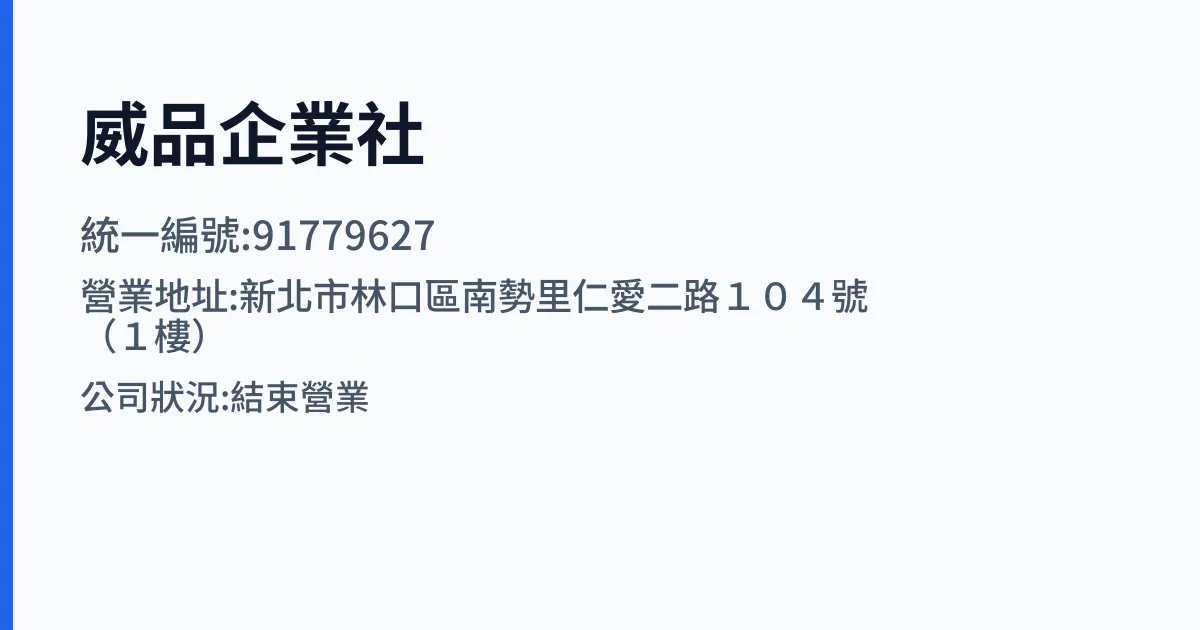 威品企業社 - 統編 91779627(新北市) 公司登記資料與營業項目詳細圖表