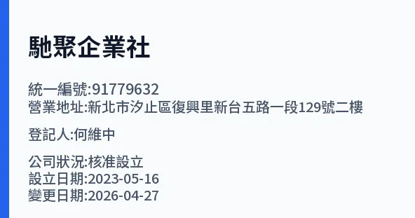 馳聚企業社的照片-統編 91779632(新北市) 公司登記資料與營業項目詳細圖表