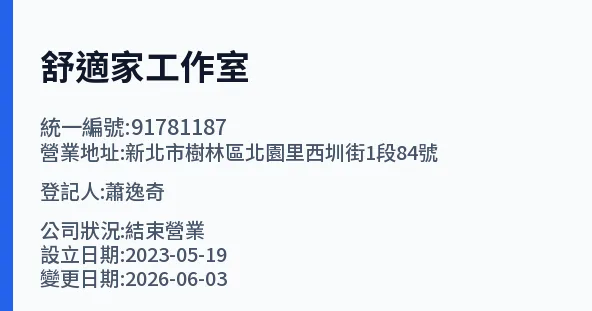 舒適家工作室的照片-統編 91781187(新北市) 公司登記資料與營業項目詳細圖表