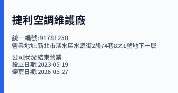 捷利空調維護廠的照片-統編 91781258(新北市) 公司登記資料與營業項目詳細圖表