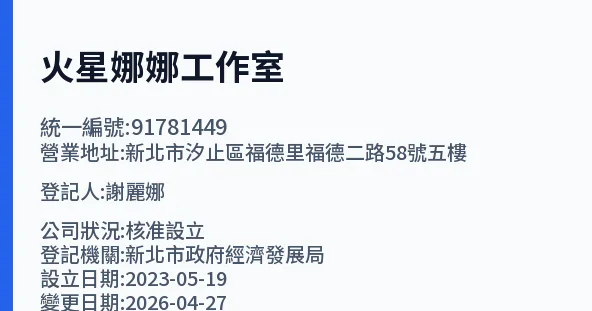 火星娜娜工作室的照片-統編 91781449(新北市) 公司登記資料與營業項目詳細圖表
