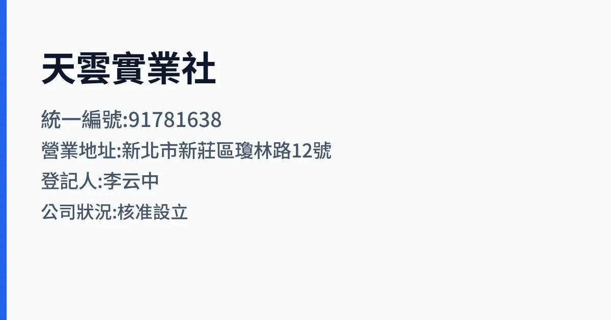 天雲實業社 - 統編 91781638(新北市) 公司登記資料與營業項目詳細圖表