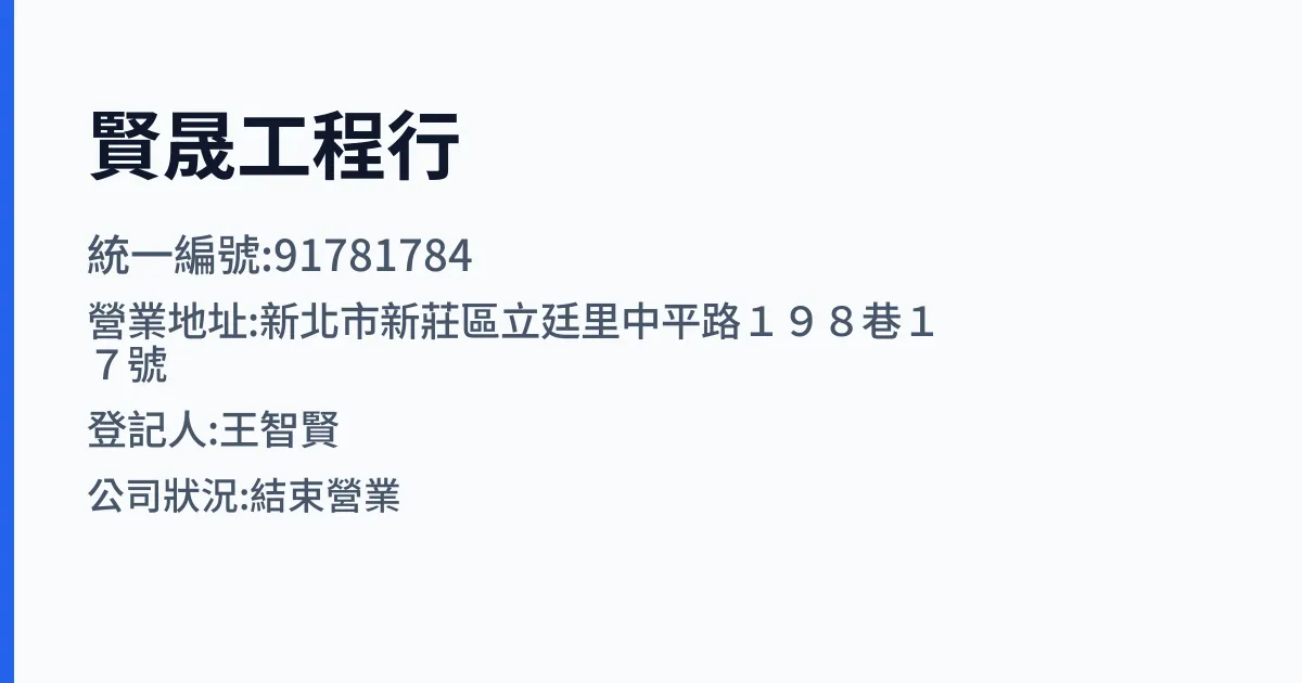 賢晟工程行 - 統編 91781784(新北市) 公司登記資料與營業項目詳細圖表
