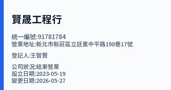賢晟工程行的照片-統編 91781784(新北市) 公司登記資料與營業項目詳細圖表