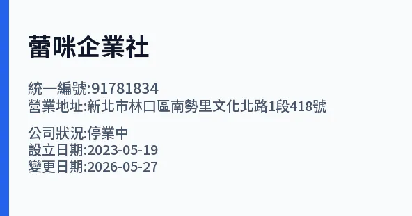 蕾咪企業社的照片-統編 91781834(新北市) 公司登記資料與營業項目詳細圖表