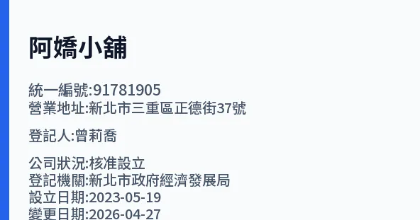 阿嬌小舖的照片-統編 91781905(新北市) 公司登記資料與營業項目詳細圖表