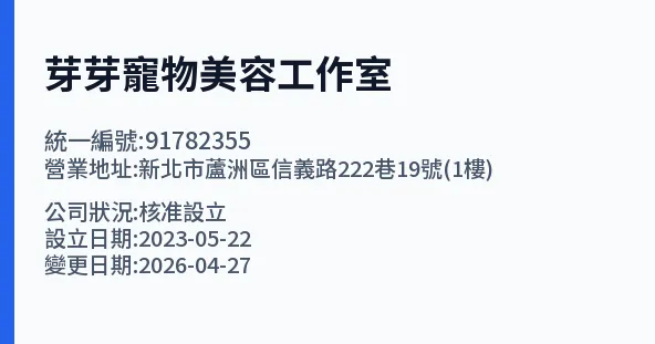芽芽寵物美容工作室的照片-統編 91782355(新北市) 公司登記資料與營業項目詳細圖表