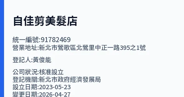 自佳剪美髮店的照片-統編 91782469(新北市) 公司登記資料與營業項目詳細圖表
