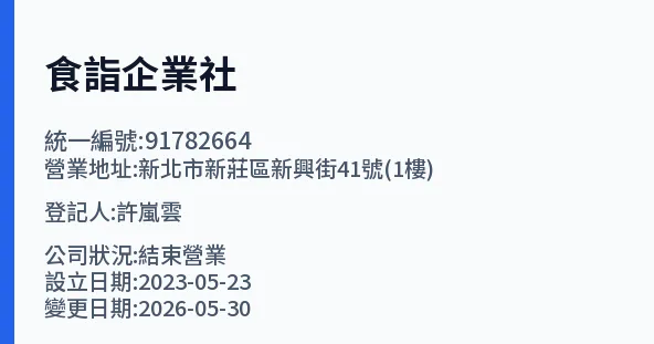 食詣企業社的照片-統編 91782664(新北市) 公司登記資料與營業項目詳細圖表