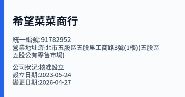 希望菜菜商行的照片-統編 91782952(新北市) 公司登記資料與營業項目詳細圖表