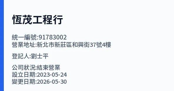 恆茂工程行的照片-統編 91783002(新北市) 公司登記資料與營業項目詳細圖表
