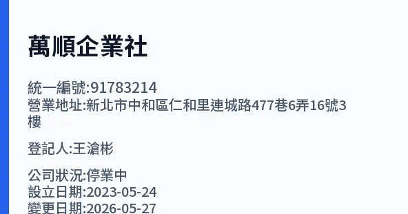 萬順企業社的照片-統編 91783214(新北市) 公司登記資料與營業項目詳細圖表