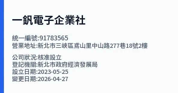 一釩電子企業社的照片-統編 91783565(新北市) 公司登記資料與營業項目詳細圖表