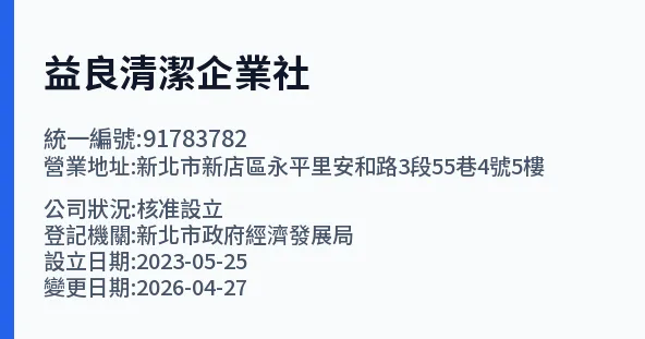 益良清潔企業社的照片-統編 91783782(新北市) 公司登記資料與營業項目詳細圖表