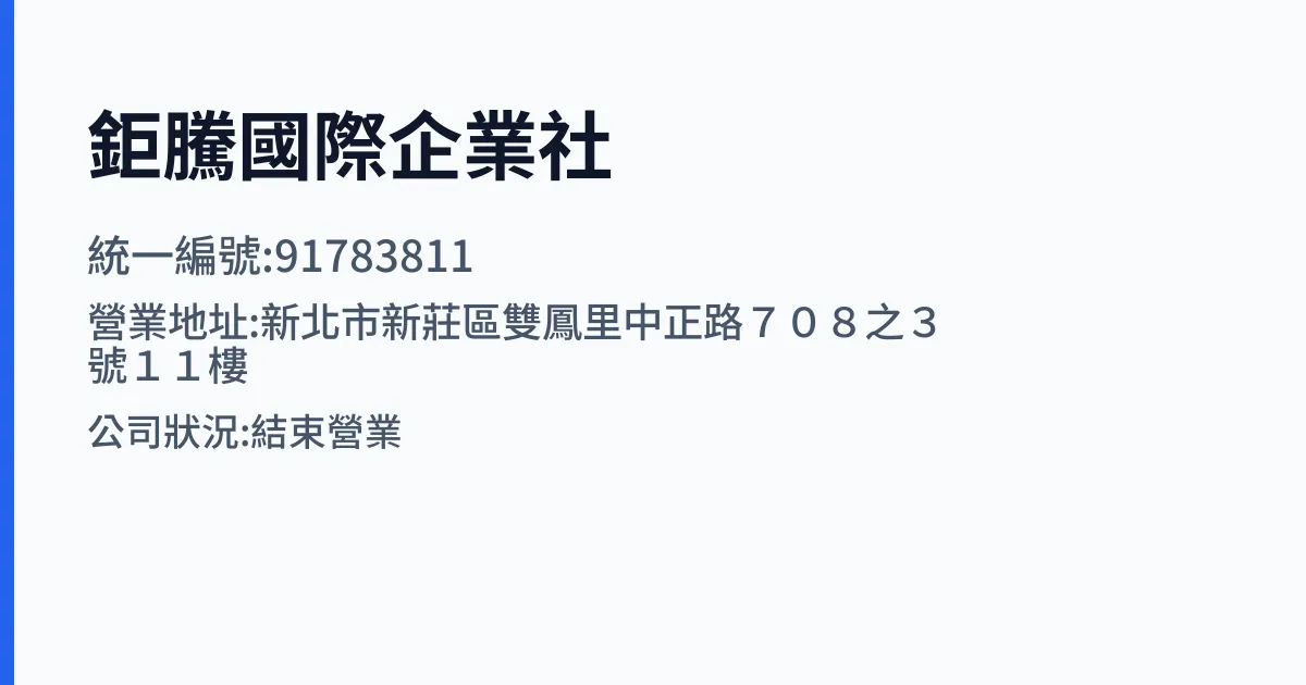 鉅騰國際企業社 - 統編 91783811（新北市） 公司登記資料與營業項目詳細圖表