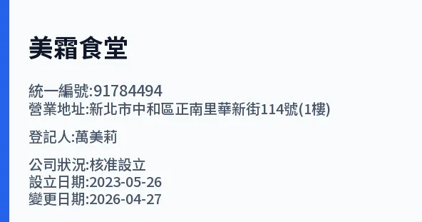 美霜食堂的照片-統編 91784494(新北市) 公司登記資料與營業項目詳細圖表