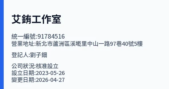 艾銪工作室的照片-統編 91784516(新北市) 公司登記資料與營業項目詳細圖表