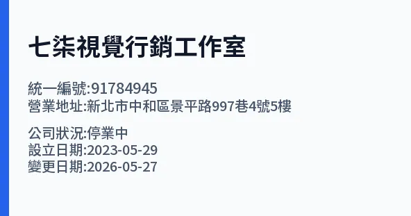 七柒視覺行銷工作室的照片-統編 91784945(新北市) 公司登記資料與營業項目詳細圖表