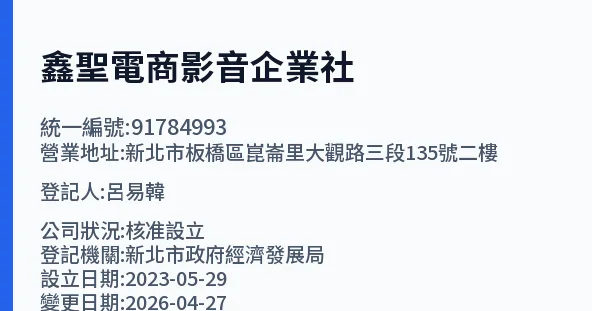 鑫聖電商影音企業社的照片-統編 91784993(新北市) 公司登記資料與營業項目詳細圖表