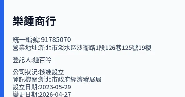 樂鍾商行的照片-統編 91785070(新北市) 公司登記資料與營業項目詳細圖表