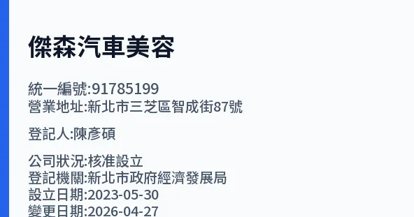 傑森汽車美容的照片-統編 91785199(新北市) 公司登記資料與營業項目詳細圖表