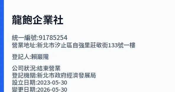 龍飽企業社的照片-統編 91785254(新北市) 公司登記資料與營業項目詳細圖表