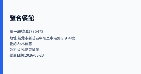 螢合餐館的照片-統編 91785472(新北市) 公司登記資料與營業項目詳細圖表