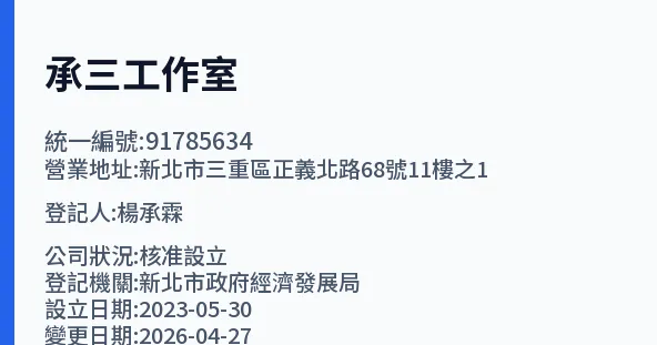 承三工作室的照片-統編 91785634(新北市) 公司登記資料與營業項目詳細圖表