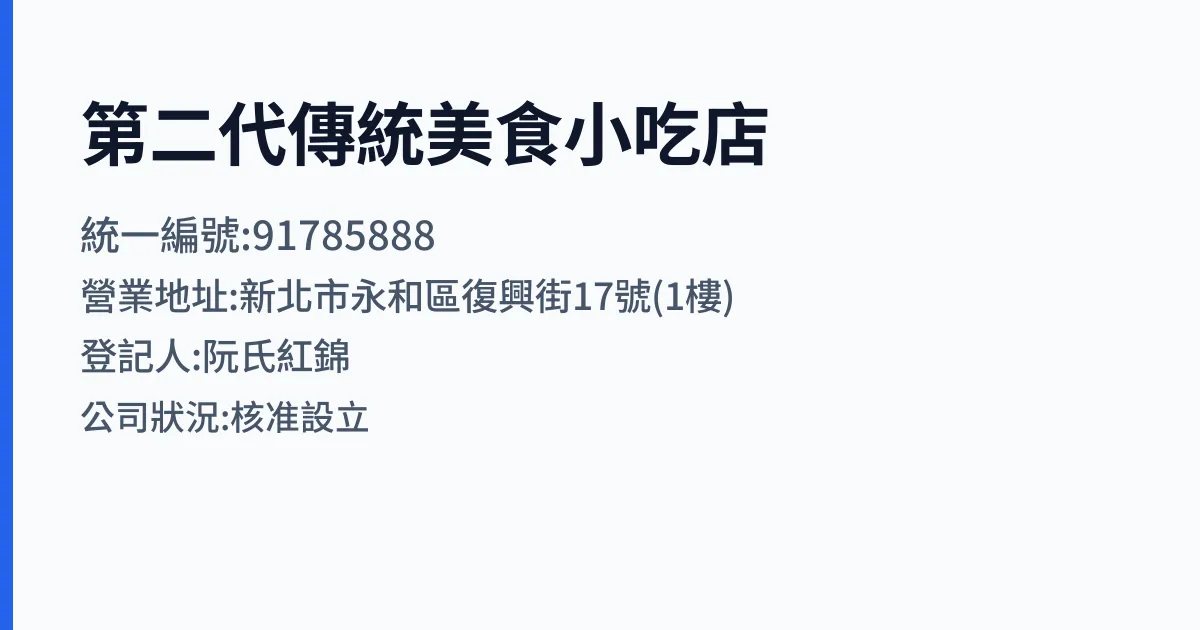 第二代傳統美食小吃店 - 統編 91785888(新北市) 公司登記資料與營業項目詳細圖表