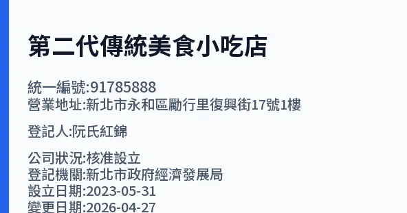 第二代傳統美食小吃店的照片-統編 91785888(新北市) 公司登記資料與營業項目詳細圖表