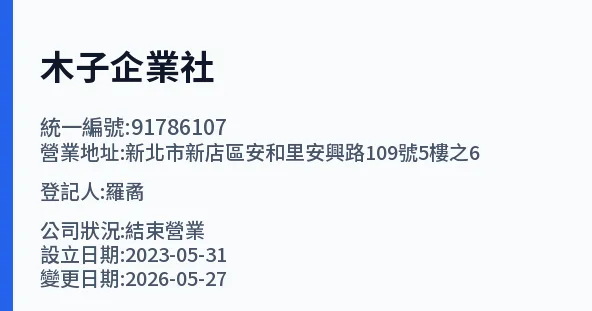 木子企業社的照片-統編 91786107(新北市) 公司登記資料與營業項目詳細圖表