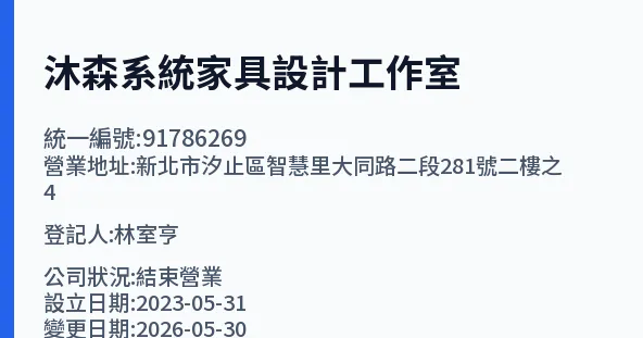 沐森系統家具設計工作室的照片-統編 91786269(新北市) 公司登記資料與營業項目詳細圖表
