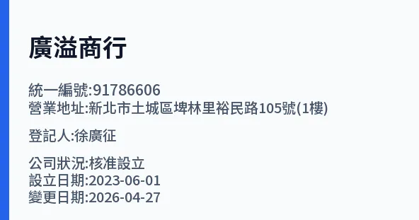 廣溢商行的照片-統編 91786606(新北市) 公司登記資料與營業項目詳細圖表