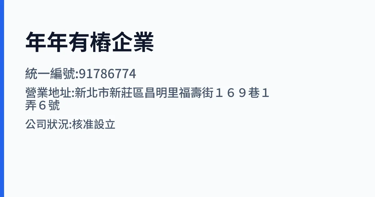 年年有樁企業 - 統編 91786774(新北市) 公司登記資料與營業項目詳細圖表