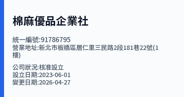 棉麻優品企業社的照片-統編 91786795(新北市) 公司登記資料與營業項目詳細圖表