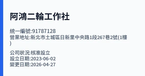 阿鴻二輪工作社的照片-統編 91787128(新北市) 公司登記資料與營業項目詳細圖表