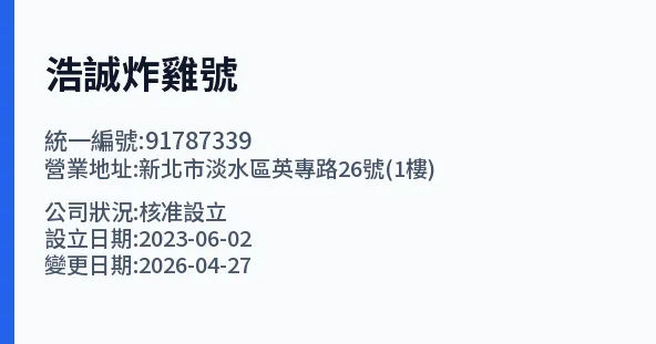 浩誠炸雞號的照片-統編 91787339(新北市) 公司登記資料與營業項目詳細圖表